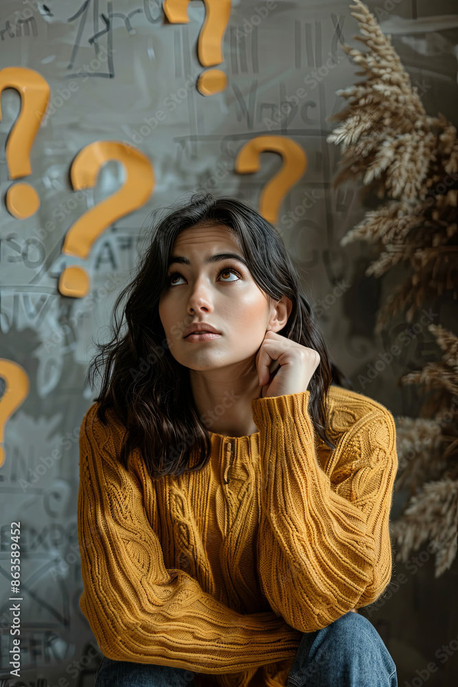 Confused woman with question marks indoors, thinking and problem ...