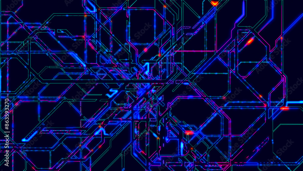 Abstract background of electronic subway map, neon lines move along a ...