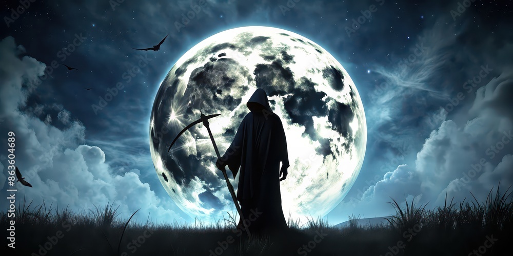 Grim reaper silhouette with glowing eyes under a full moon in a spooky ...