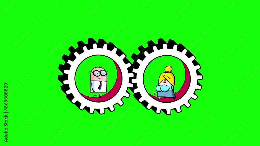 Cartoon simple business couple walking in cogs green screen. Business ...