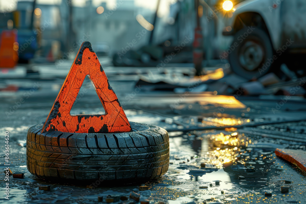 Red emergency stop sign for car crash accident, red triangle warning ...