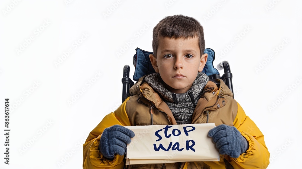 boy, child holding a poster, cardboard with the inscription stop war in ...
