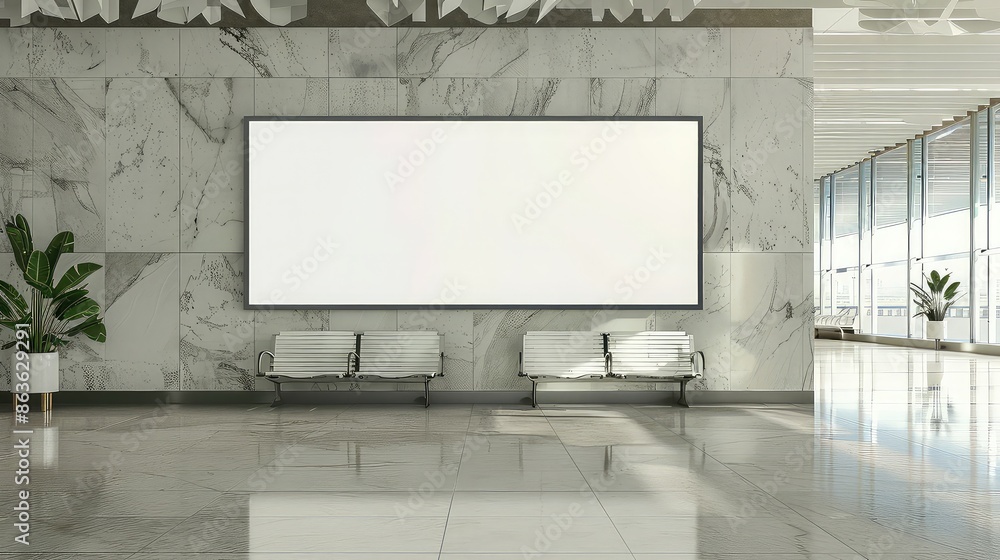 Empty poster screen on a smooth marble wall at an airport, fantasy ...