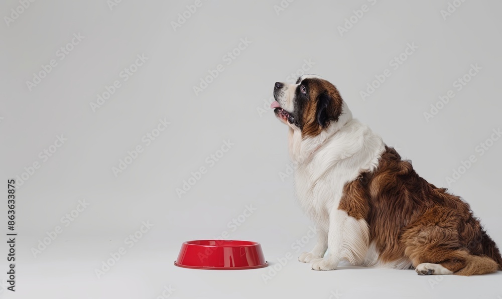 White background, white floor, side view of Saint Bernard sitting on ...