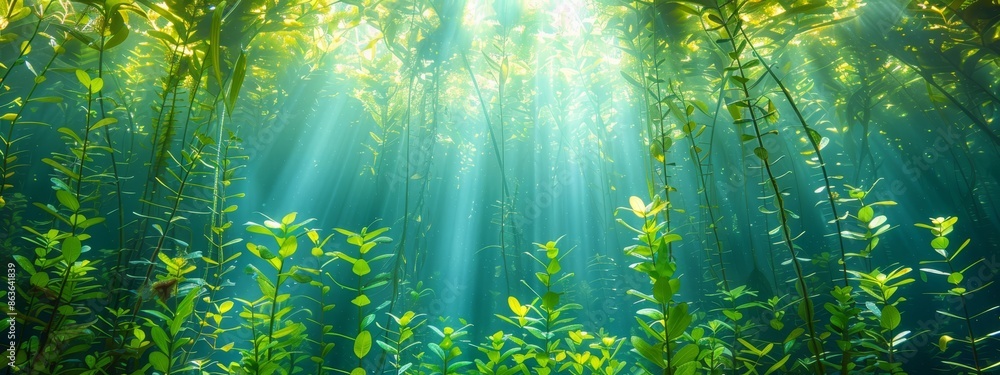 In a sun-drenched, verdant forest, the sun penetrates bamboo leaves ...
