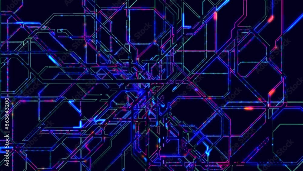 Animation of electronic subway map neon lines move along a given route ...