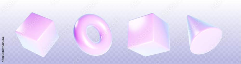 3D set of holographic geometric objects isolated on transparent ...