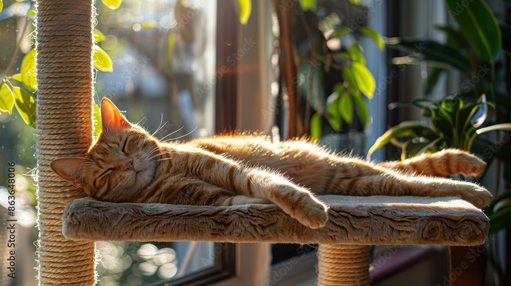 Sunbathing Sanctuary: A ginger cat stretches out luxuriously on a sun ...