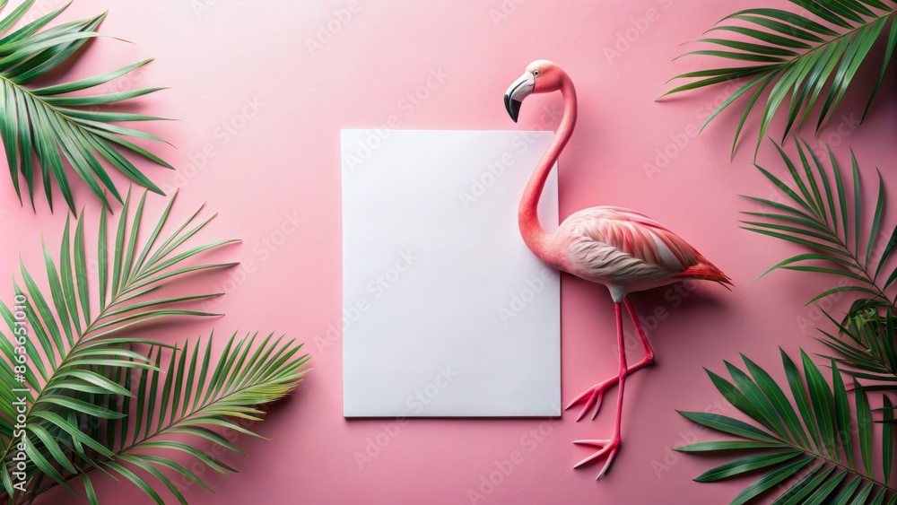 Elegant white letter paper mockup on a pink flamingo background, summer ...