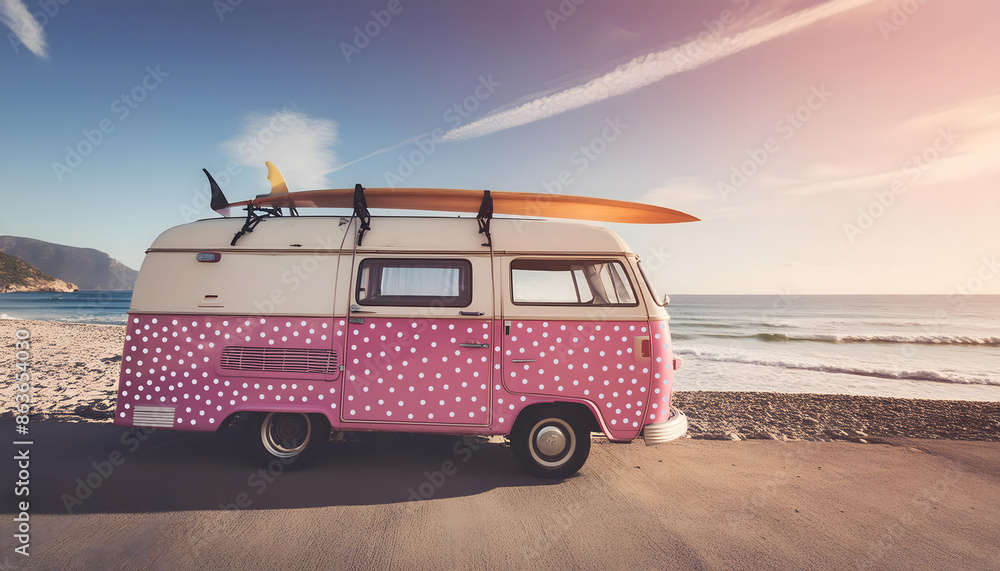 pink, camper, camping, bus, on, the, beach, with, surfboard, urlaub ...