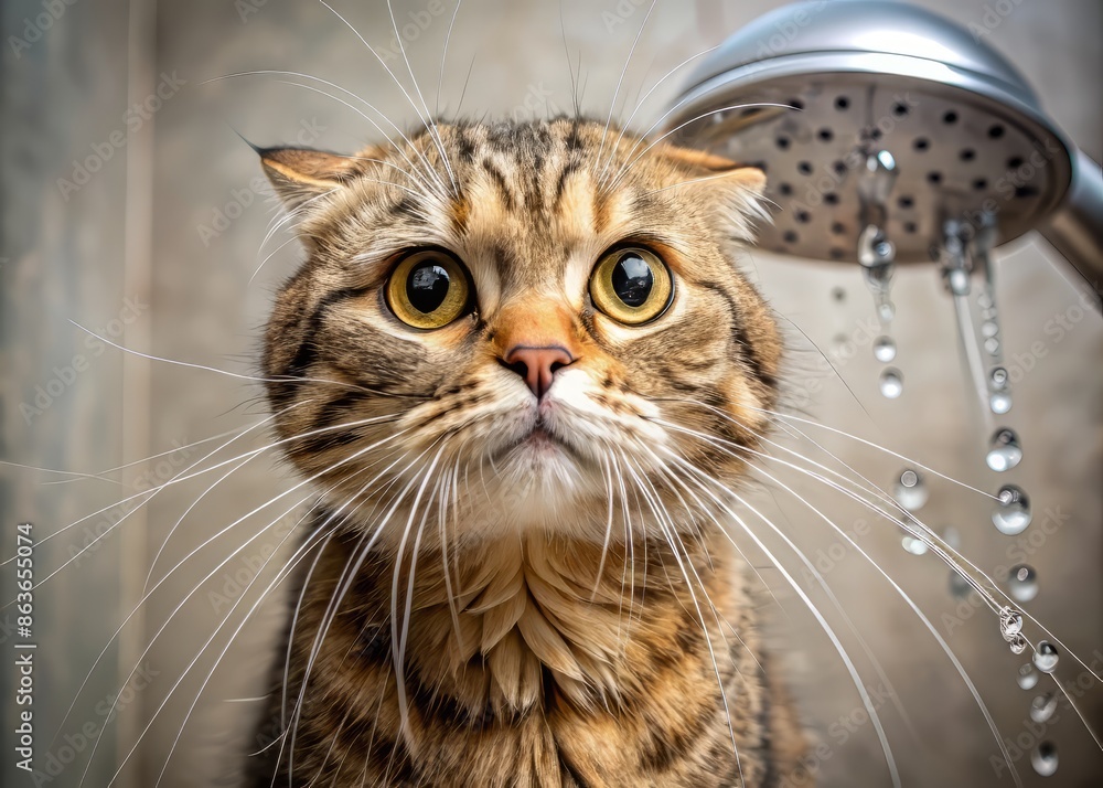 Adorable Scottish tabby cat looks utterly bewildered and soaked, water ...