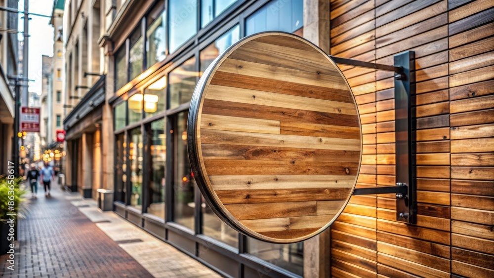 A rustic wooden wall serves as a backdrop for a circular street store ...