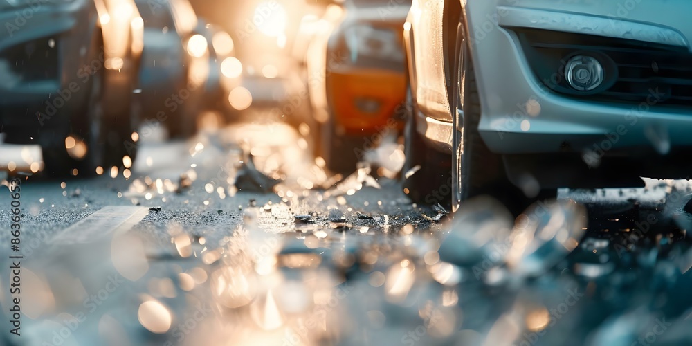 Aftermath of high-speed highway collision crumpled vehicles and ...