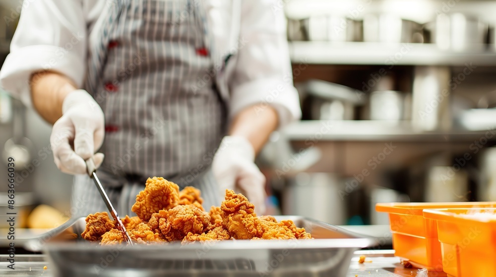 Professional chef expertly preparing delicious fried chicken in a ...