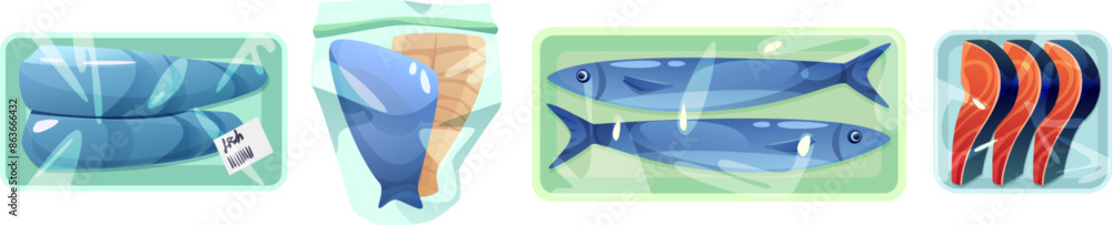Frozen seafood package. Ice salmon plastic storage. Fish grocery pack ...