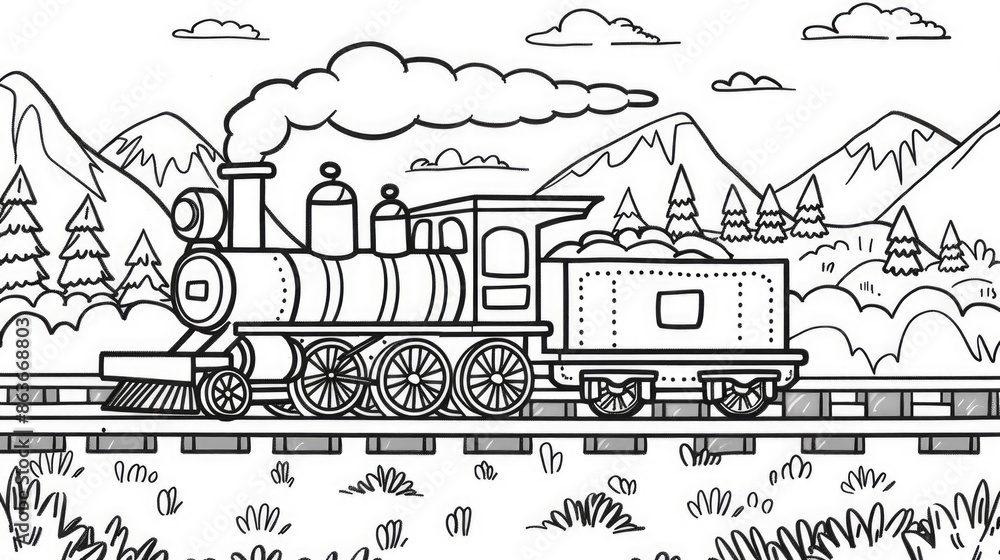 Train on railway tracks amidst nature, for coloring activity. Coloring ...