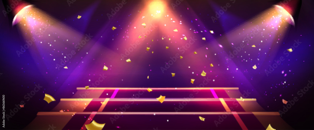 Gold light show stage. Abstract spotlight podium. Purple concert ...