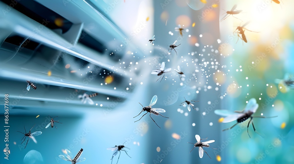 Modern Air Conditioning Vent with a Swarm of Gall Midges Flying Around in a Blurred,Surreal ...