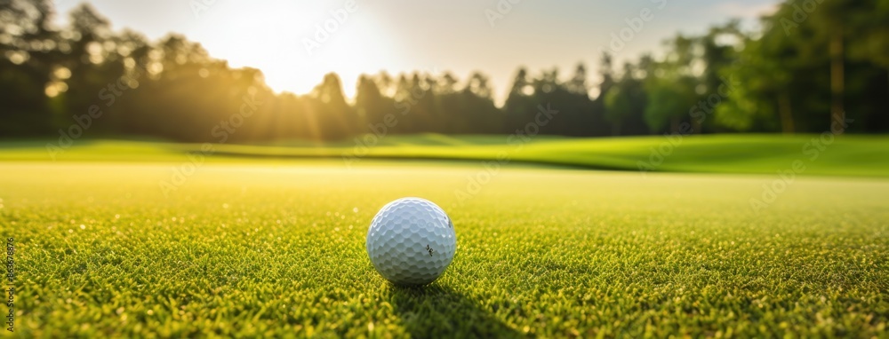 Foto de Green grass with golf ball close-up in soft focus at sunlight ...