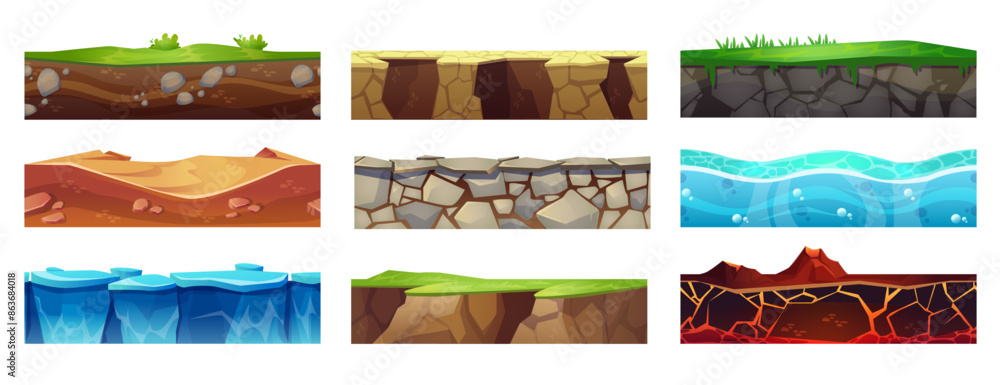 Seamless ground texture set for game ui design. Vector cartoon ...