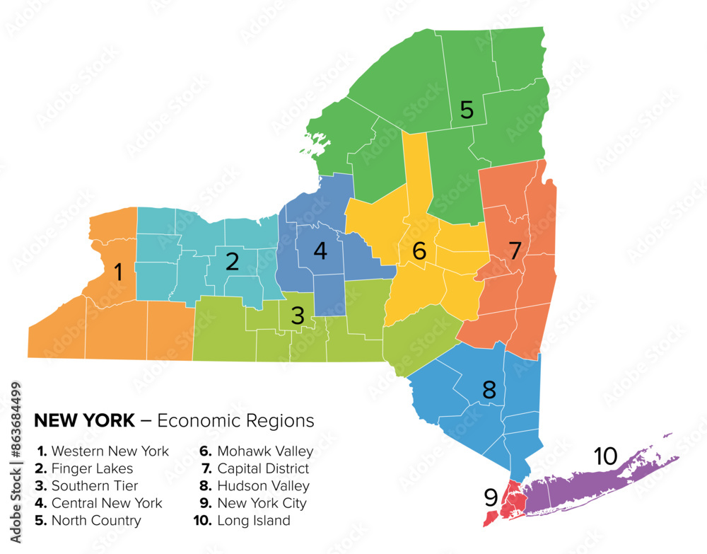 New York State economic regions, multi colored political map. Major ...