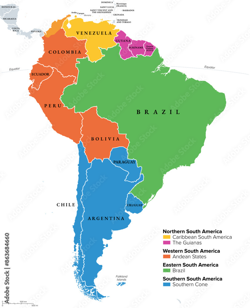 South America geographical regions, multi colored political map. Four ...