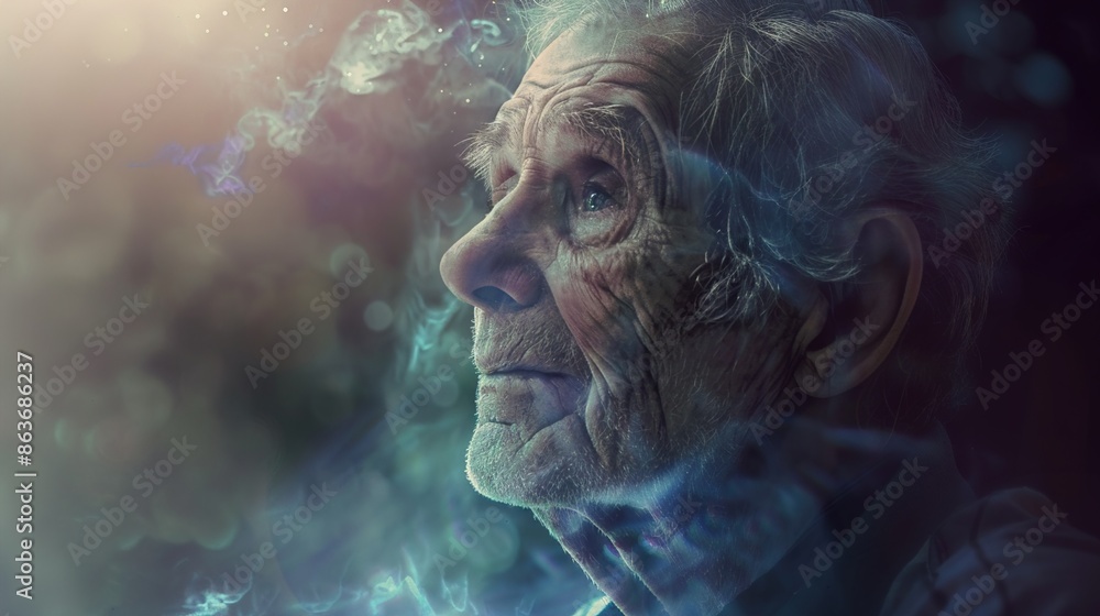 An elderly man with a gentle smile but eyes full of nostalgia, with ...