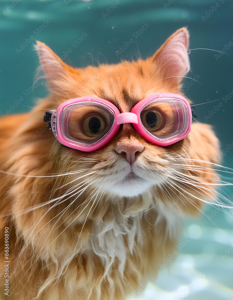 orangefarbene, katze, mit, pinker, taucherbrille, unter, wasser, neu ...