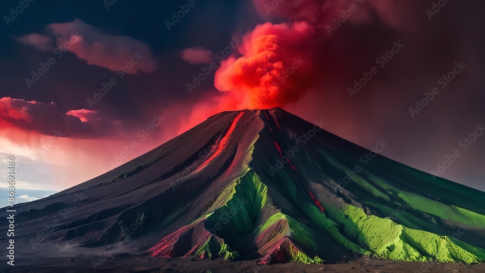 volcano spewing lava and red smoke on the ground with clouds behind it ...