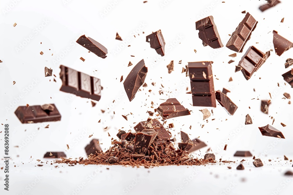 Various types of chocolate falling with choc flake in the air isolated ...