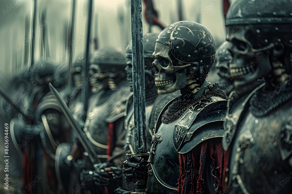 In a fantasy world, black skeleton soldiers are lined up for war ...