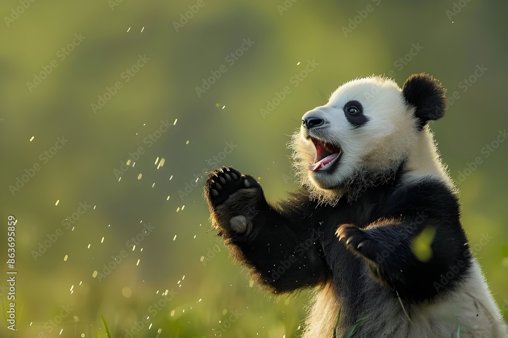 Wild giant panda cub playing happily in the forest with its mouth open ...