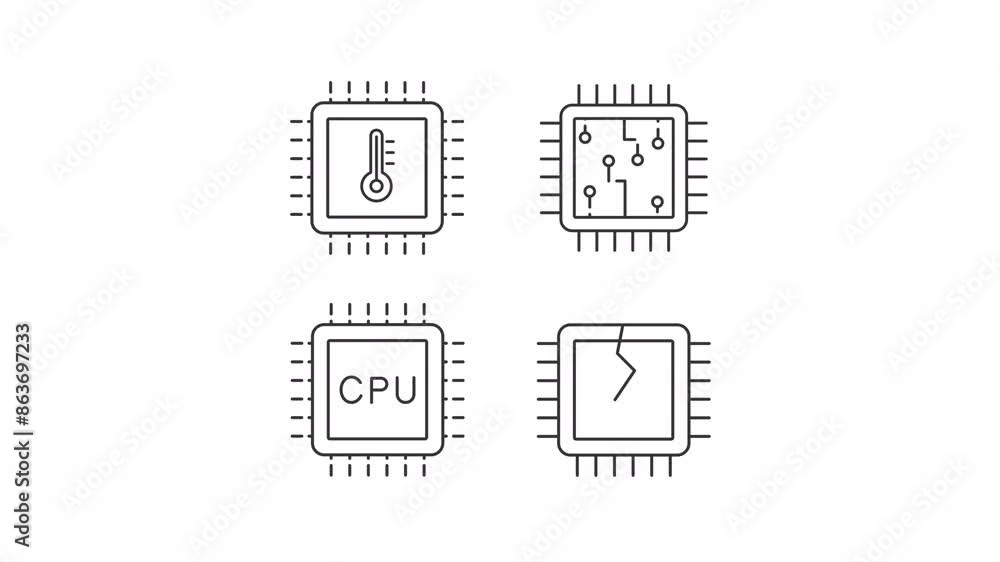 Cpu damage types animation set. Embedded systems animated line icons ...