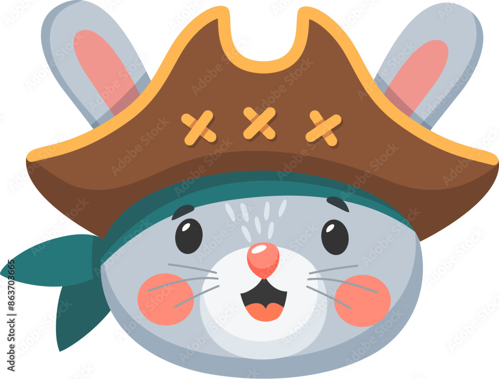 Cartoon rabbit animal pirate and corsair face. Sailor, captain, skipper ...