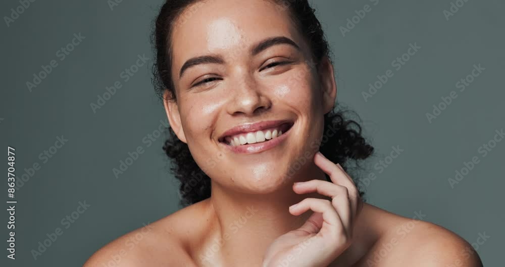 Beauty, face and hands with woman laughing in studio isolated on gray ...