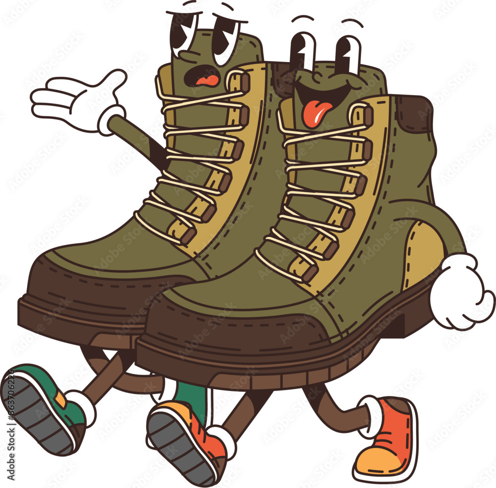 Boots retro groovy cartoon travel characters, camp and tourism footwear ...