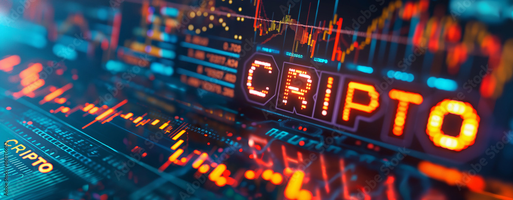 The phrase "CRYPTO" on a trading chart background with coins and charts ...