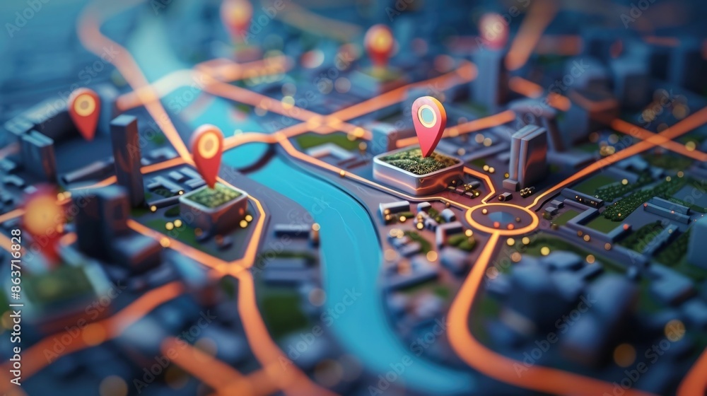 Interactive 3D map navigation system showcasing restaurant locations ...