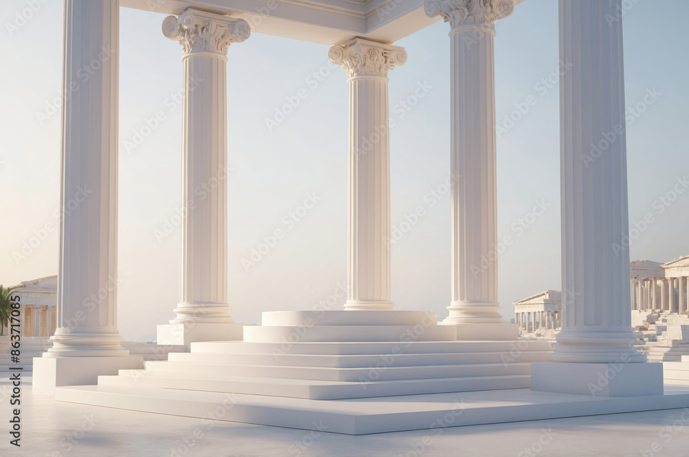 3D podium white marble ancient greek temple with three pillars and ...