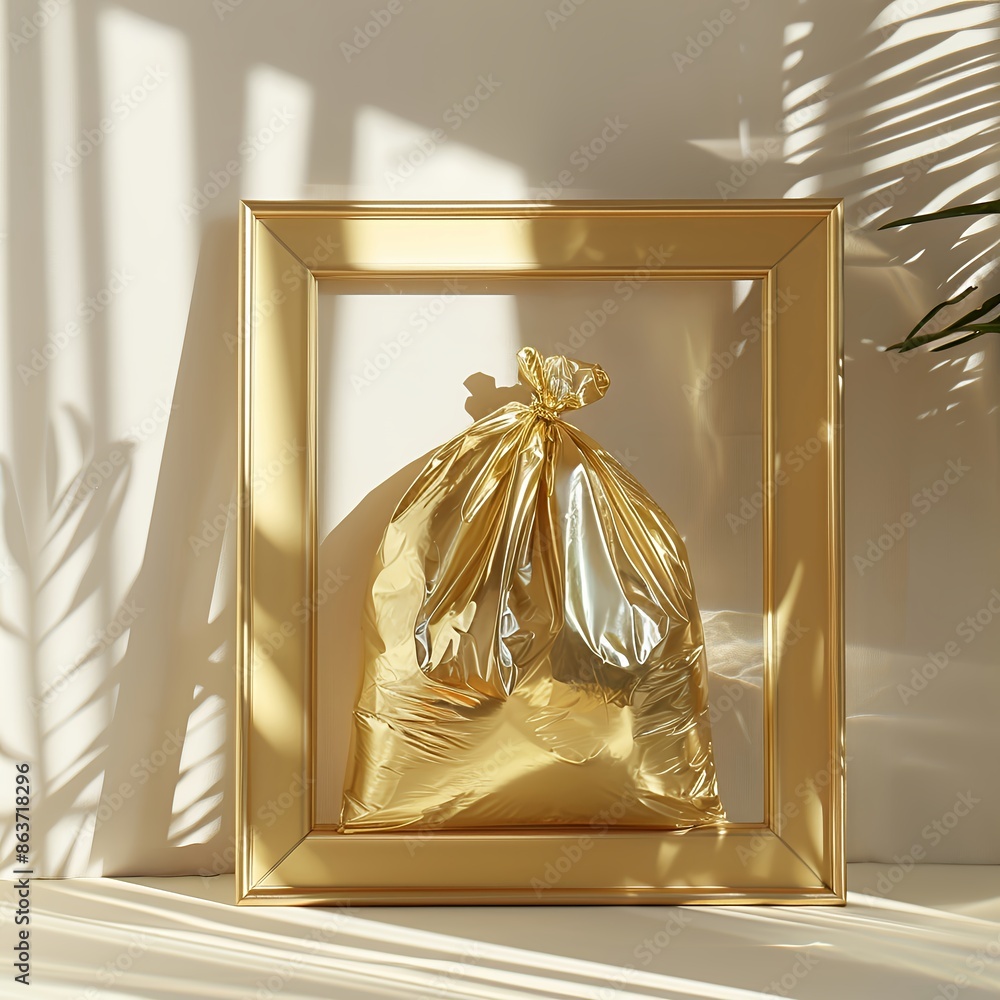 A trash bag elegantly displayed within a golden frame, symbolizing the ...