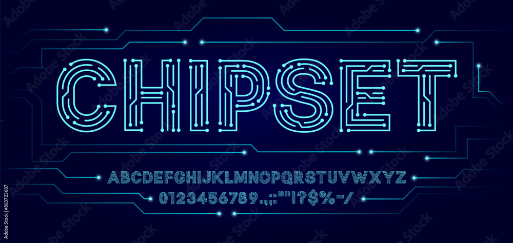Tech circuit font, computer type, motherboard typeface, microcircuit ...