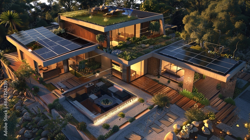 An eco-friendly house layout incorporating sustainable materials, solar ...