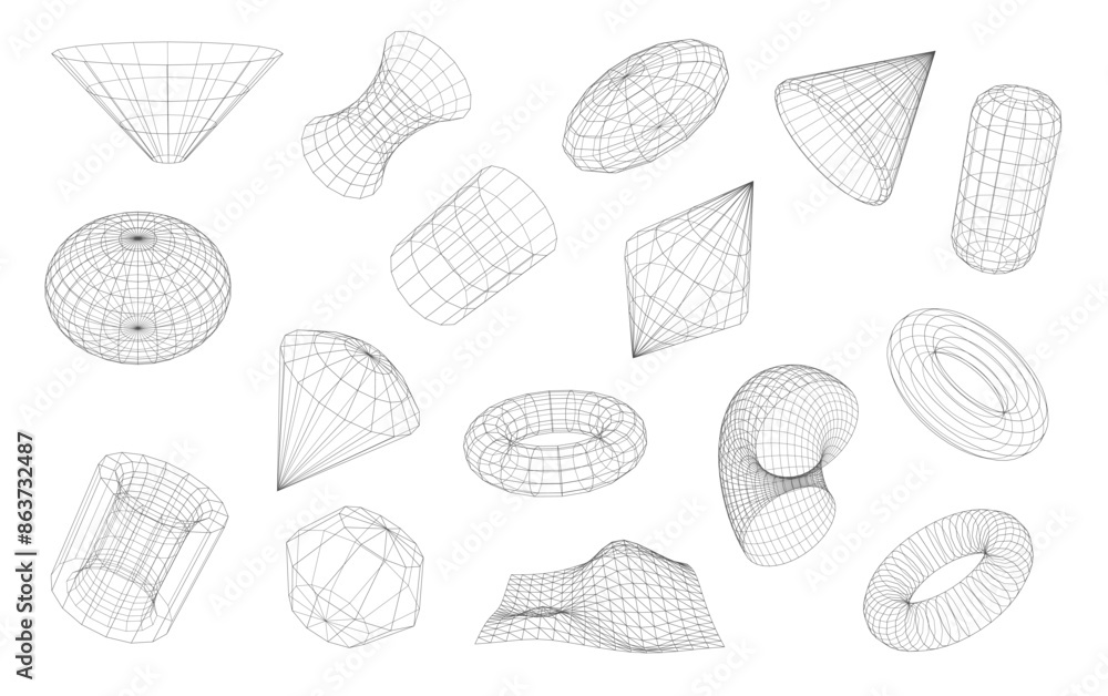Vetor de 3d Wireframe shapes, geometric volumetric figures with lattice surface. Sphere ball ...