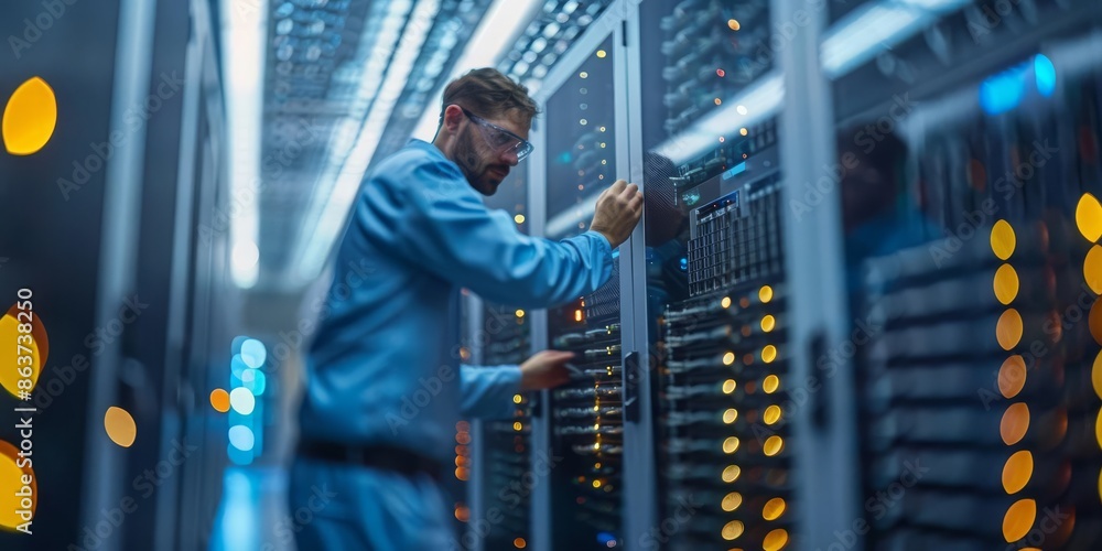 Technicians setting up AI servers in a data center, data center, Server ...