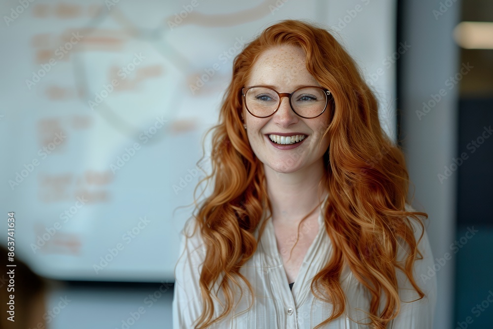 Female business leader smiling while talking to her team during a ...
