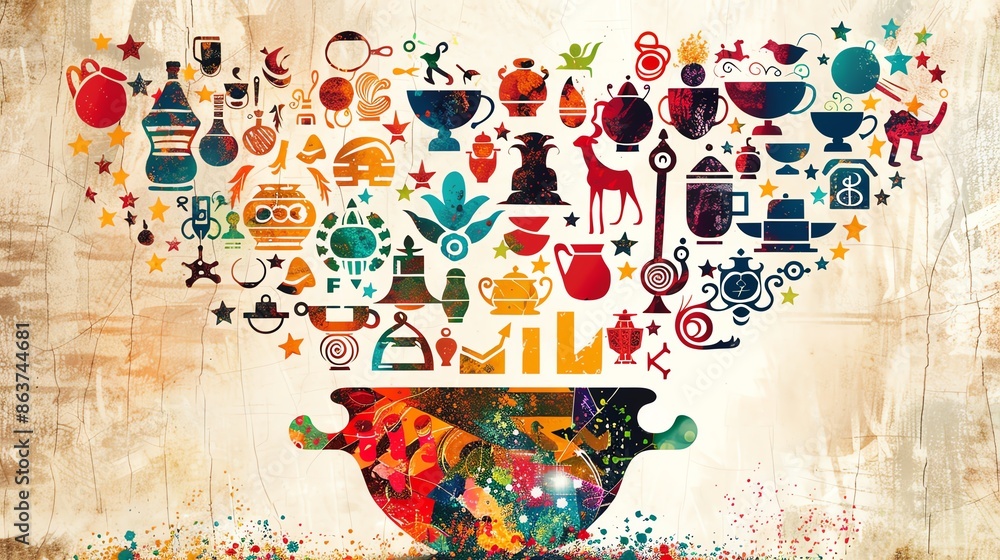 Cultural Melting Pot A melting pot filled with various cultural symbols ...