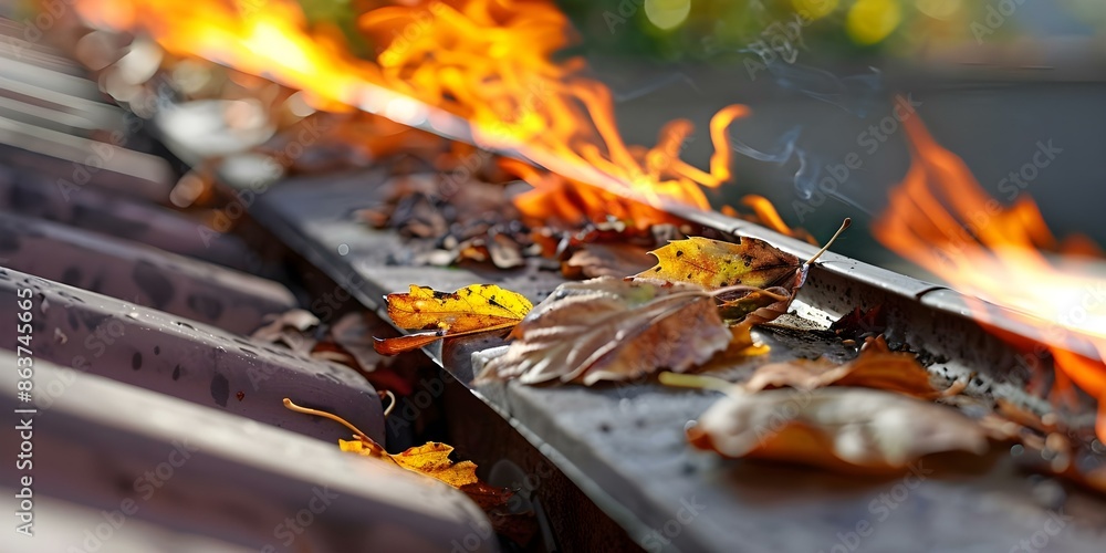 Emphasizing fire prevention Closeup of leaves in roof gutters catching ...