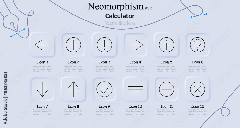 Calculator line icons set. Left arrow, plus symbol, exclamation mark ...