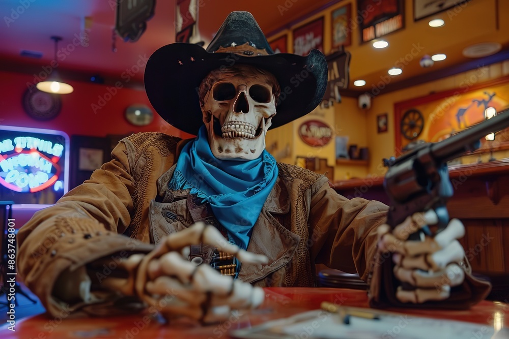 Old West Skeleton Revolver. Old west bandit outlaw skeleton at a poker ...
