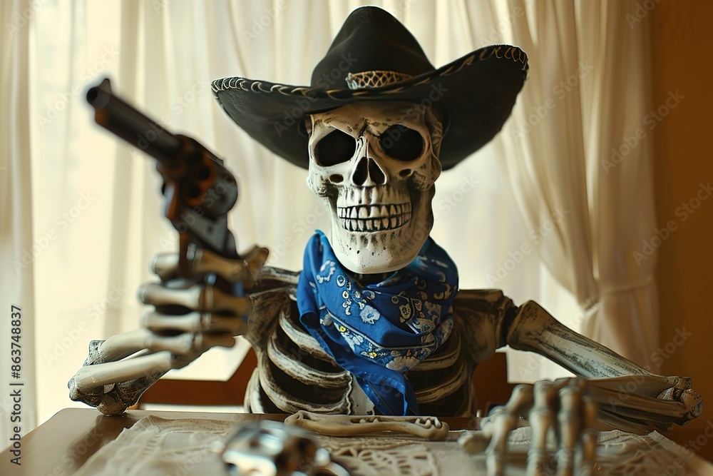 Old West Skeleton Revolver. Old west bandit outlaw skeleton at a poker ...